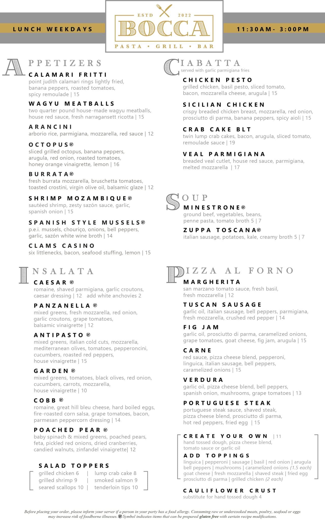 Lunch Menu - Bocca Fairhaven