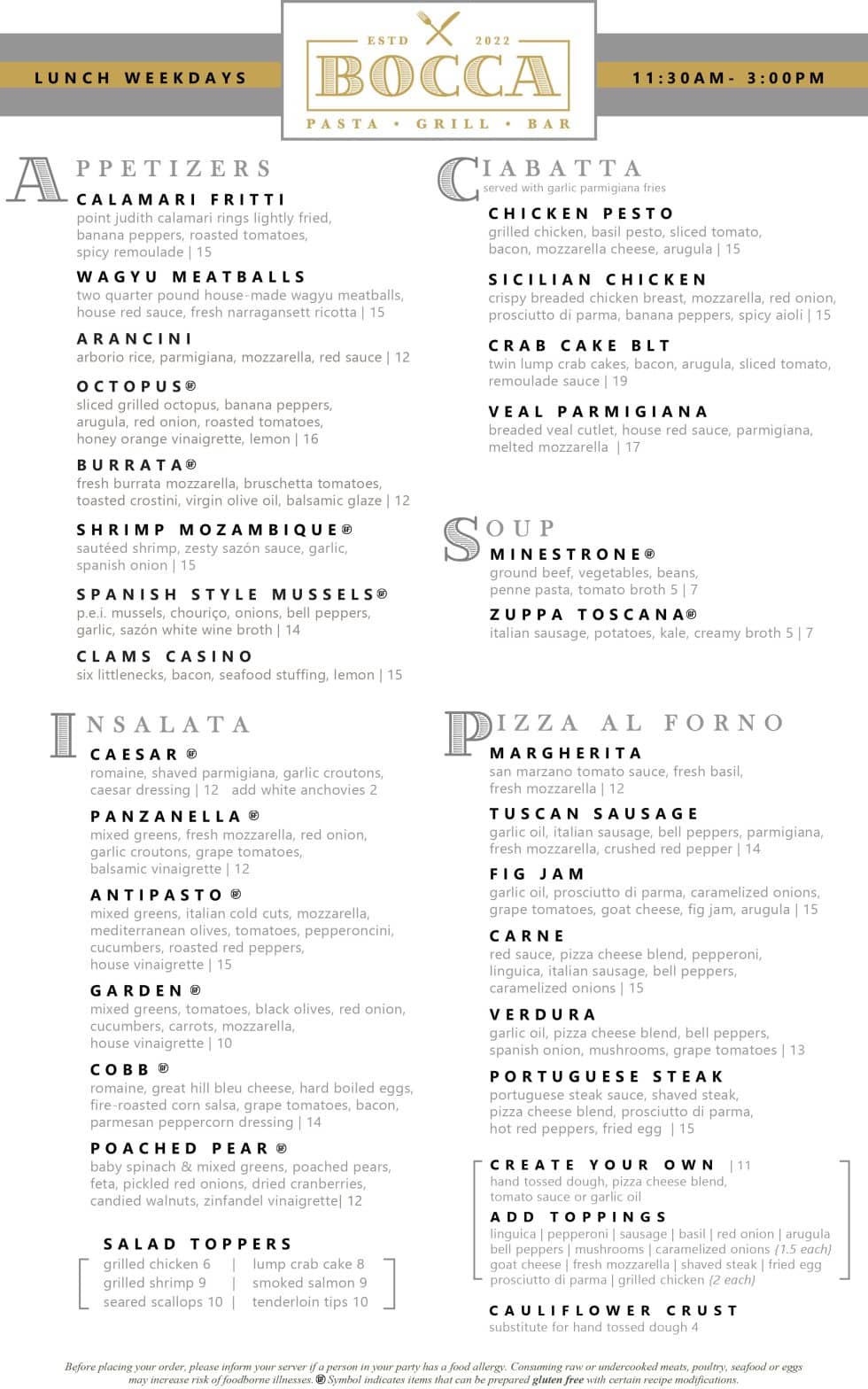 Lunch Menu - Bocca Fairhaven