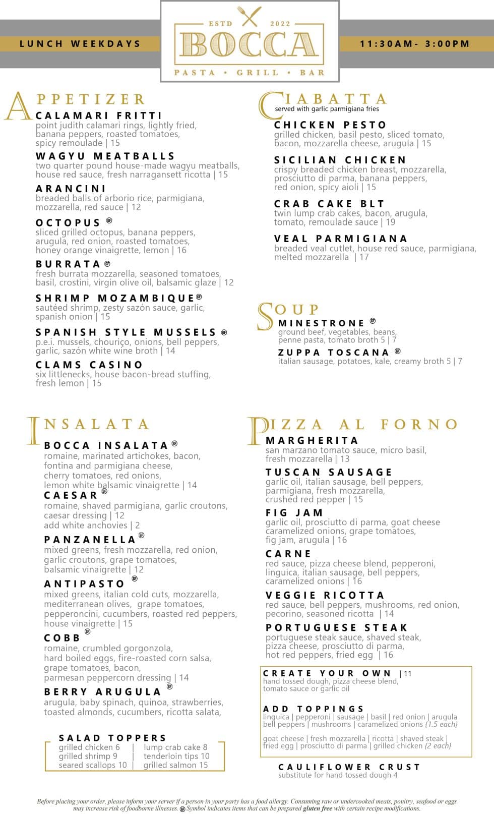 Lunch Menu - Bocca Fairhaven