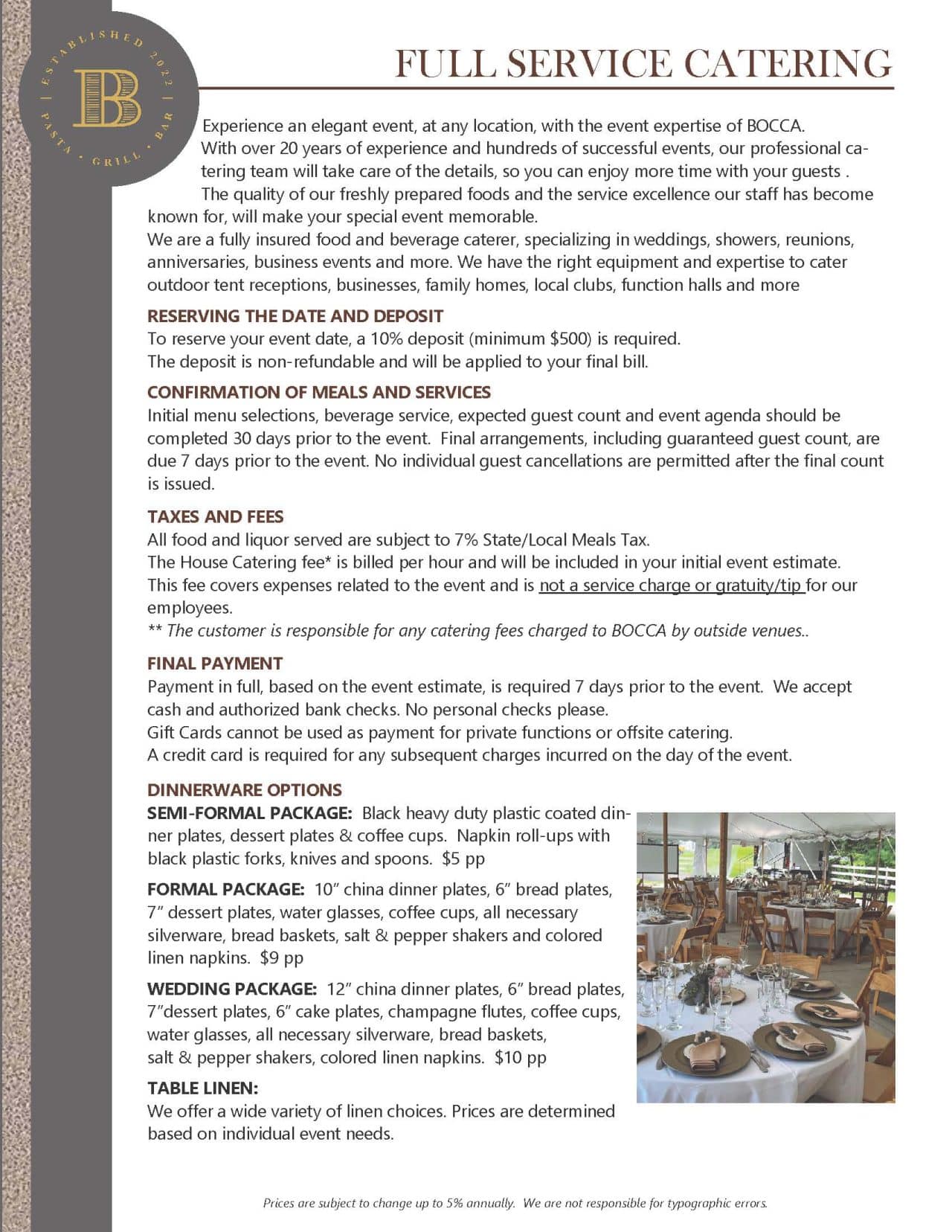 Functions/Catering Menu - Bocca Fairhaven
