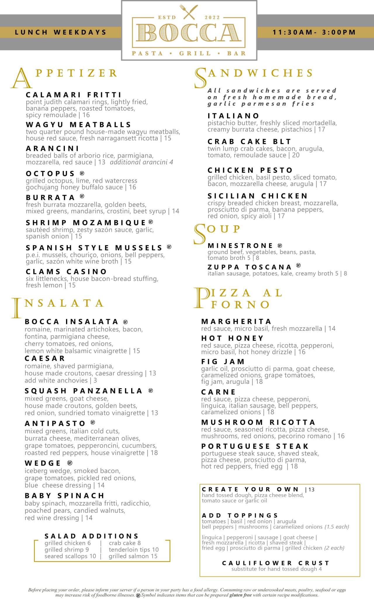 Lunch Menu - Bocca Fairhaven