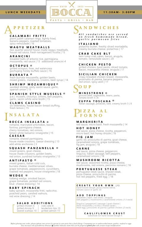 Lunch Menu - Bocca Fairhaven