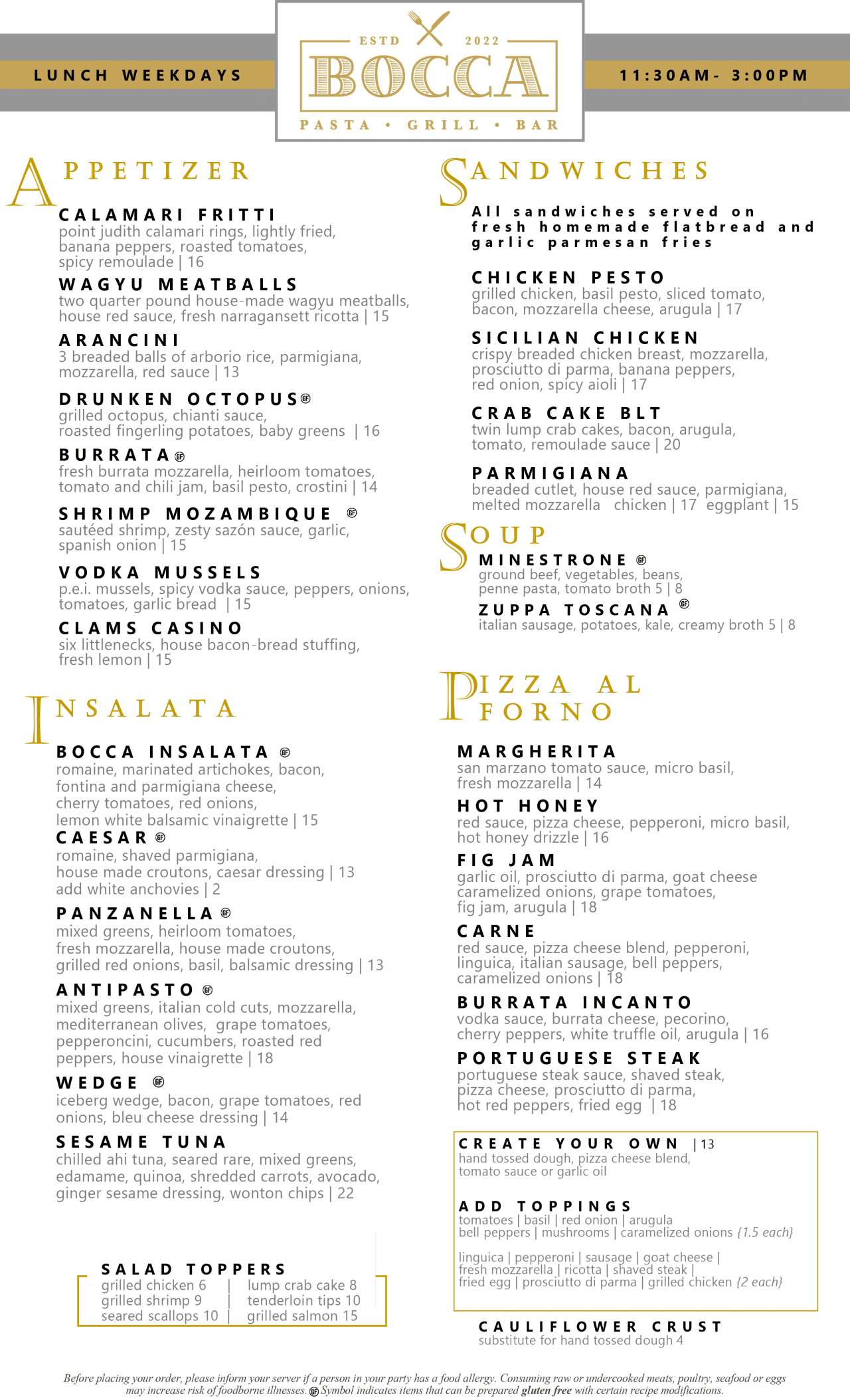 Lunch Menu - Bocca Fairhaven